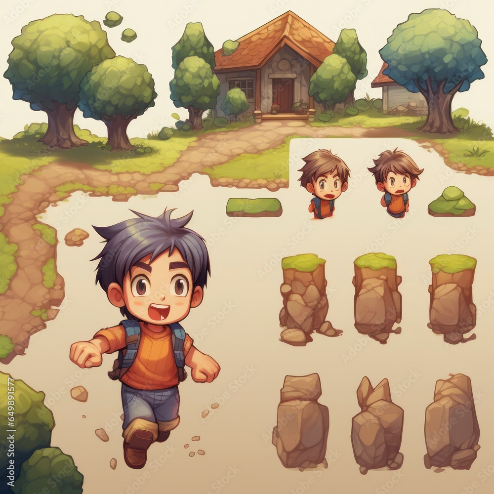 an asset pack for 2D video game of a boy running, boy is seen from the ...