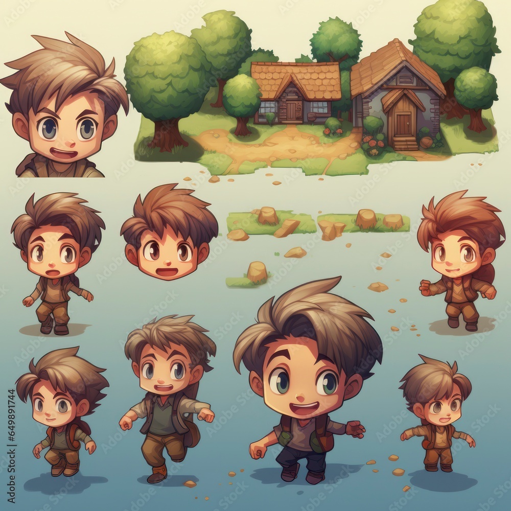 an asset pack for 2D video game of a boy running, boy is seen from the ...