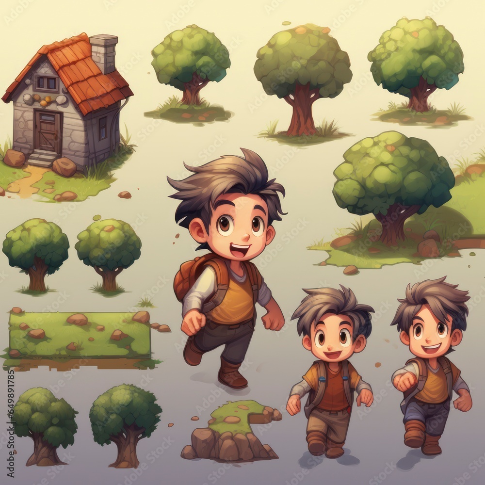 an asset pack for 2D video game of a boy running, boy is seen from the ...
