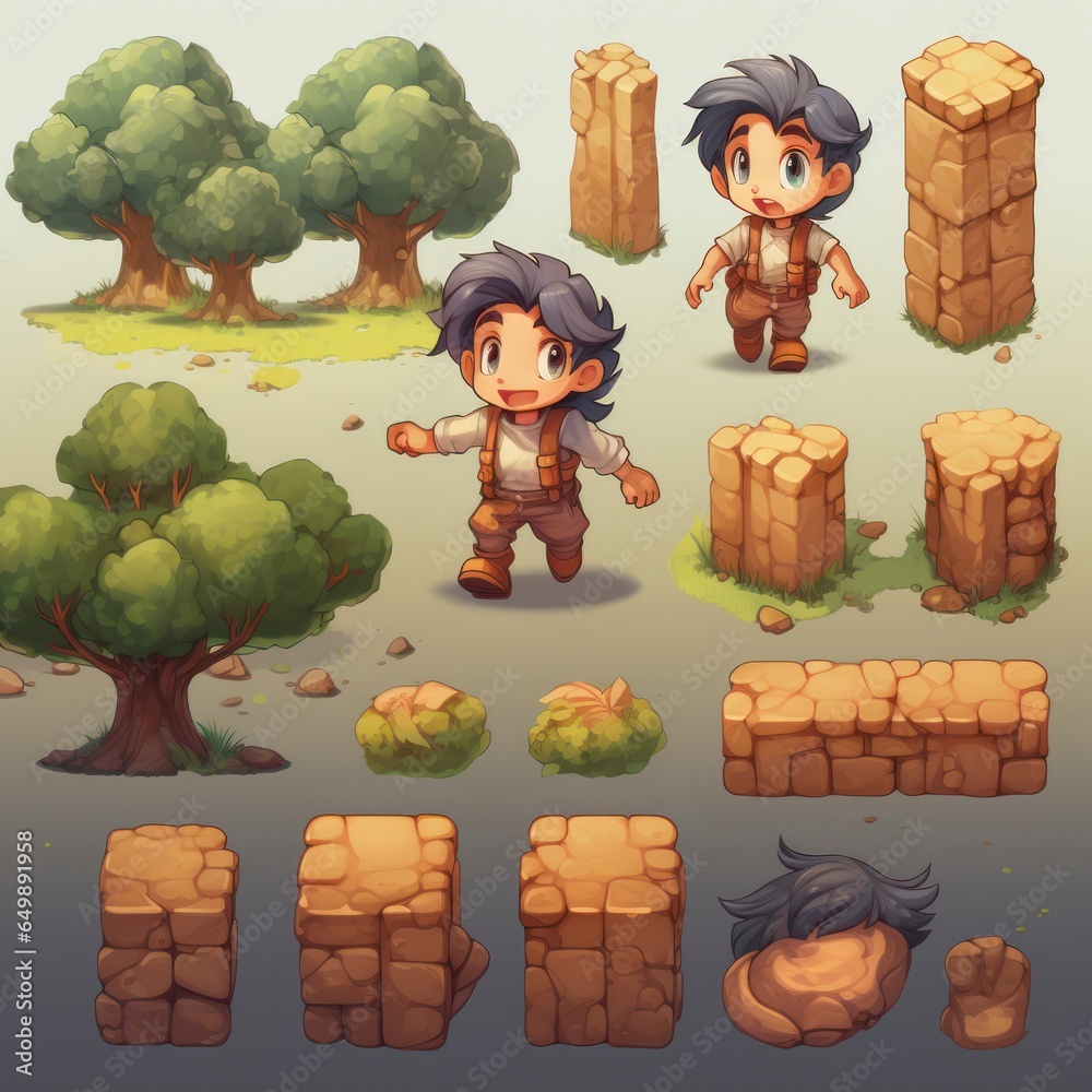 an asset pack for 2D video game of a boy running, boy is seen from the ...