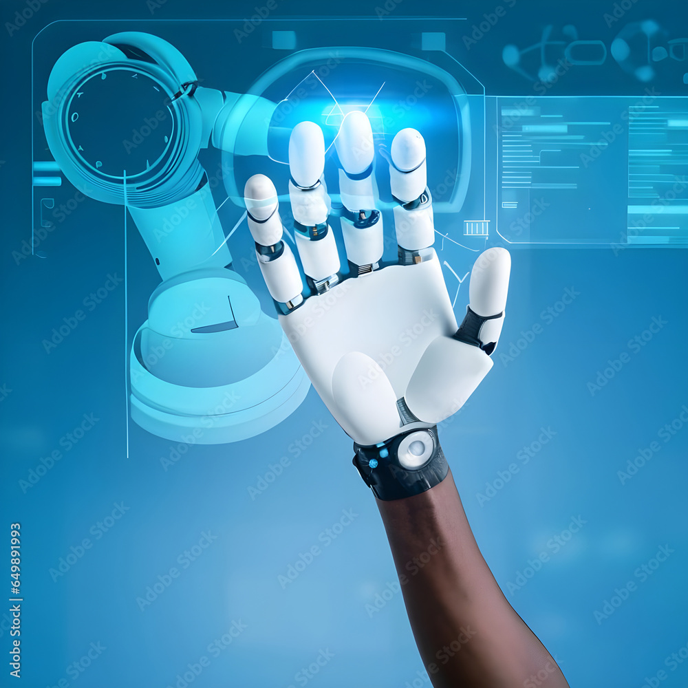 A robotic mechanical arm looks as like a human hand. Cyber with ...