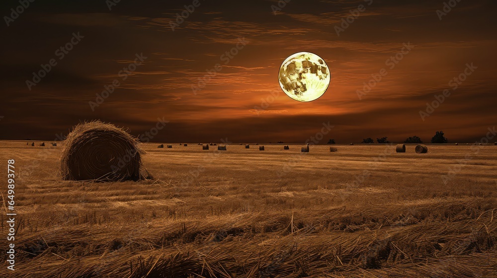 field prairie harvest moon illustration natural countryside, landscape ...