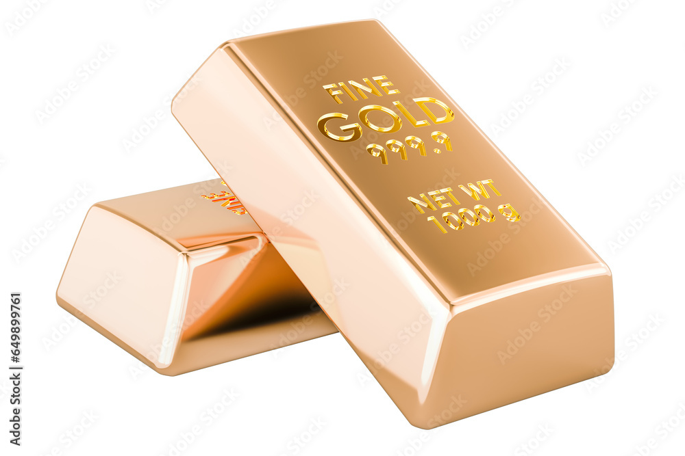 Two gold ingots, gold bars, gold bullions, golden bricks. 3D rendering isolated on transparent ...