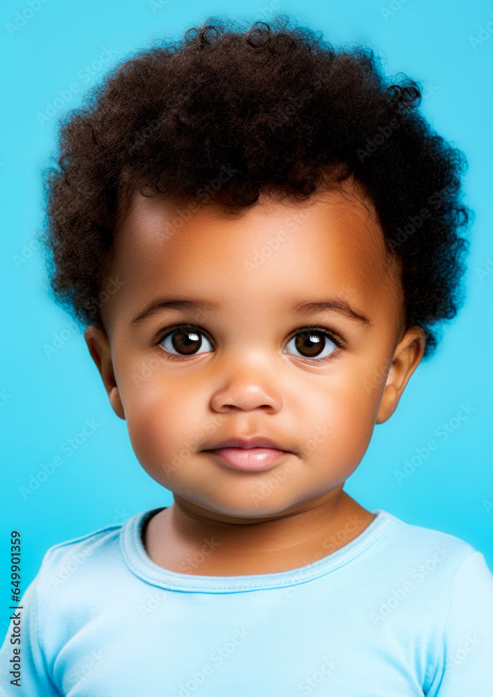 Black baby boy in blue clothes on a conceptual blue background for ...