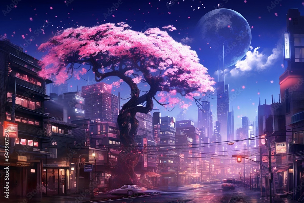 Enchanting cityscape with neon lights, residential buildings, and a ...