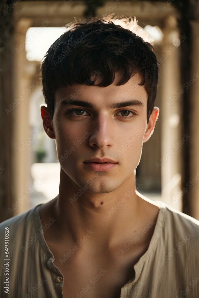 Extreme close up of a 19 year old pale Russian male, black hair, dark ...