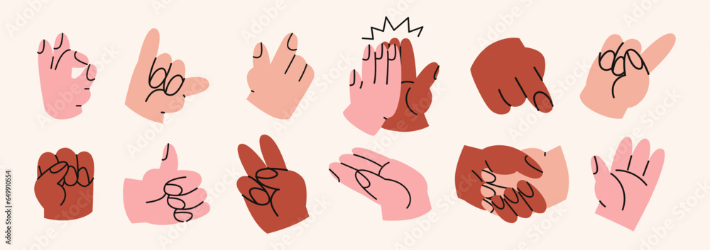 Cartoon groovy hands in various gestures. Set of hand signs and symbols ...