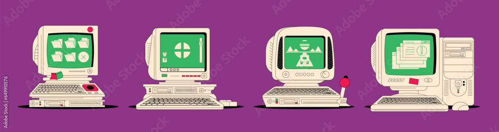 Set of retro old computers in the Memphis style of the 90s. Nostalgia ...