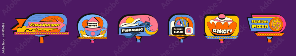 Cartoon retro fast food food banners in 90s style. Hippie signs ...
