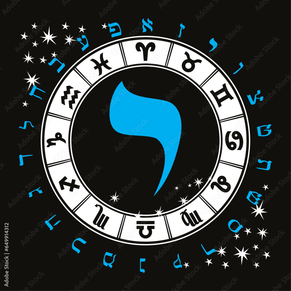Vector illustration of the Hebrew alphabet and zodiac signs. Hebrew ...