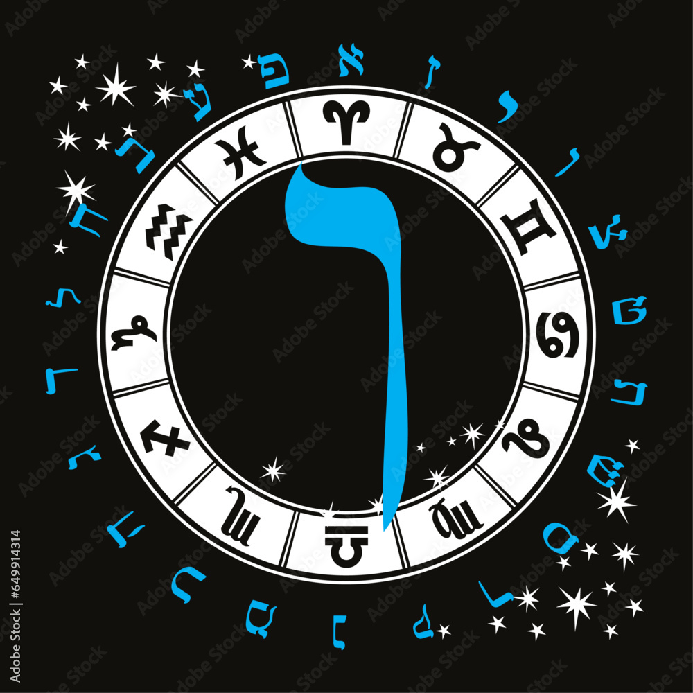 Vector illustration of the Hebrew alphabet and zodiac signs. Hebrew ...