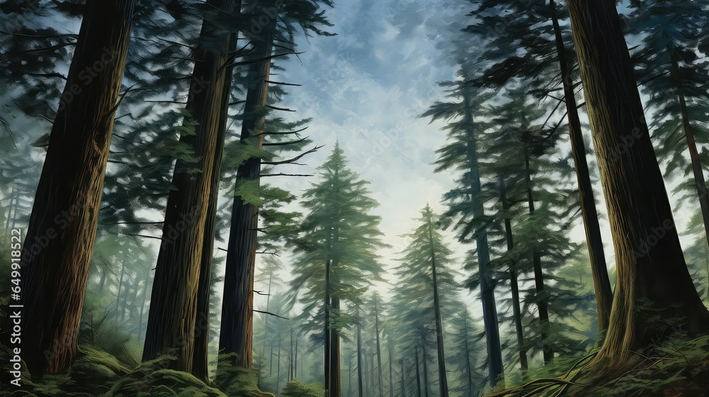 cathedral douglas fir grove illustration british landscape, green tree ...