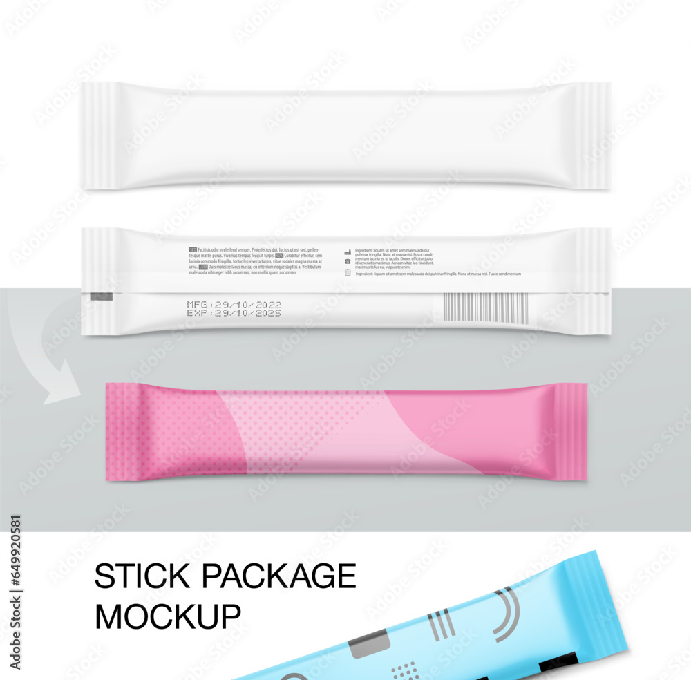 Blank stick package bag mockups with samples. Front and rear view ...