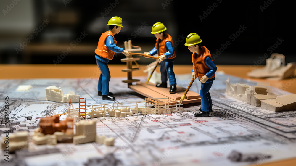 team planning of a construction project, miniature figures of ...