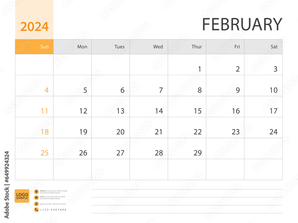 Monthly calendar template for 2024 year, February design, Planner, Desk ...