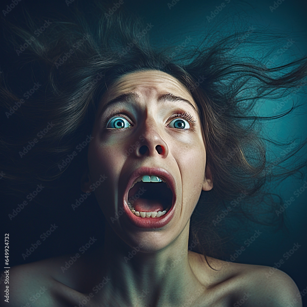 Portrait of a woman screaming in horror with her eyes wide open. Stock ...