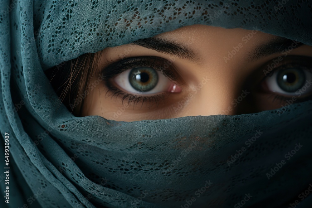 A close-up view of a woman's eyes with a delicate veil draped over her ...