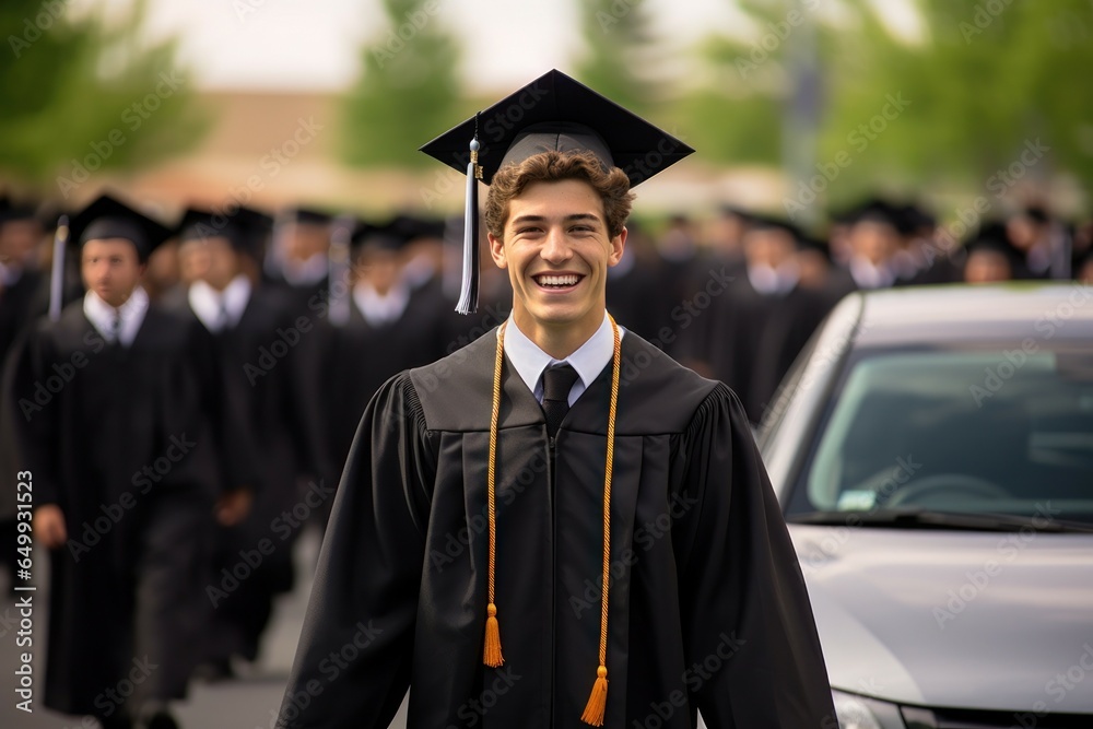 A man wearing a graduation cap and gown, ready to receive his diploma ...
