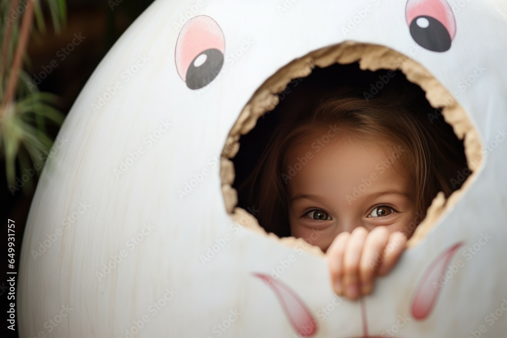 A little girl can be seen peeking out of an egg-shaped object. This ...