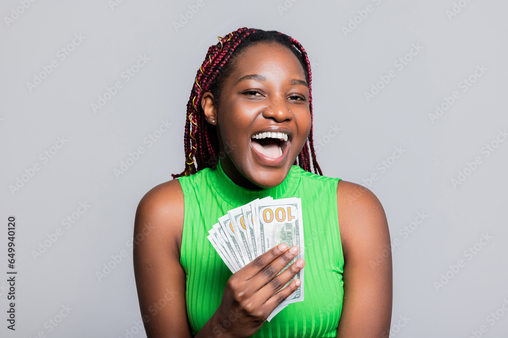 Happy smiley delighted African American dark skinned woman with braids ...
