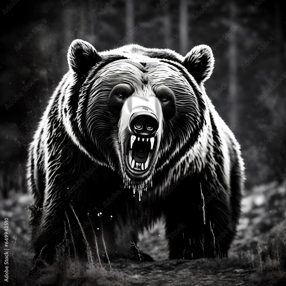 Black and white illustration of an evil scary grizzly bear roaring with ...