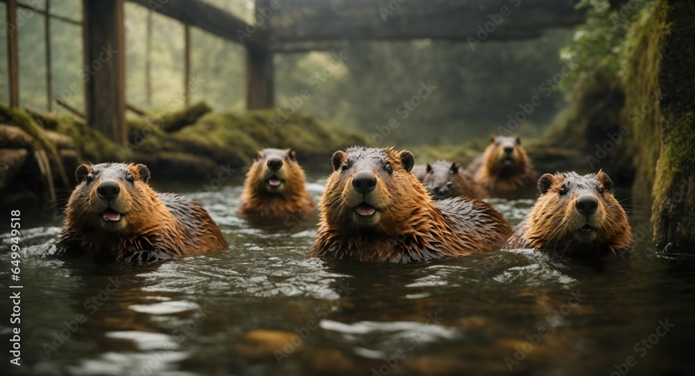 some beavers swimming in front of a beaver dam in the in water in a zoo ...