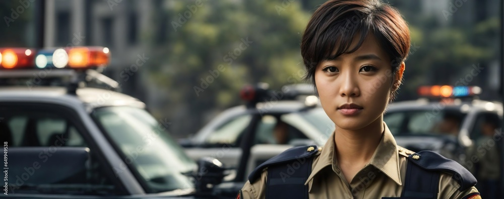 Female, asian police officer in front of her police car Generative AI ...