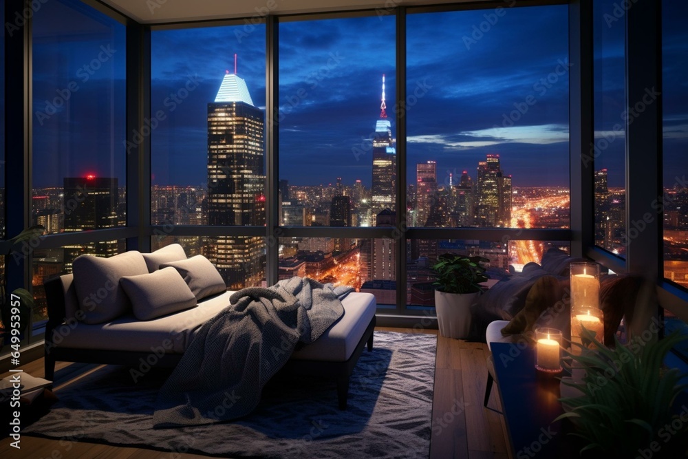 Spacious room, skyscrapers view, Philly skyline, high-rise window, real ...