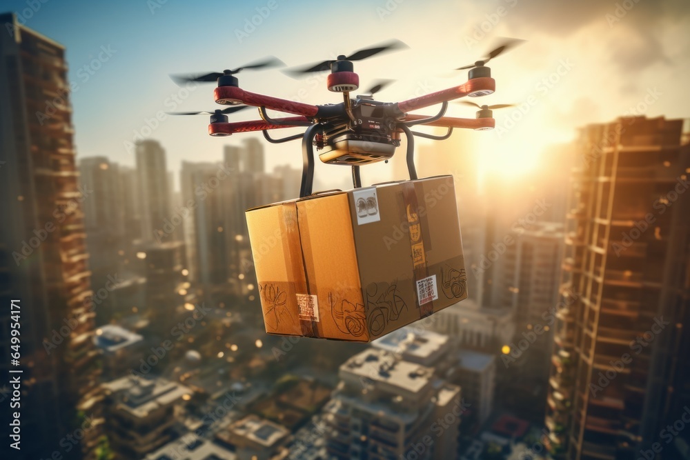 Innovative Drone parcel delivery. Transport cargo future. Generate Ai ...