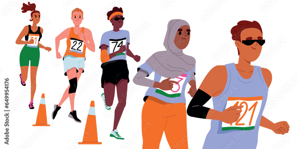 Group of people running race. Crowd of happy sportsmens at marathon ...