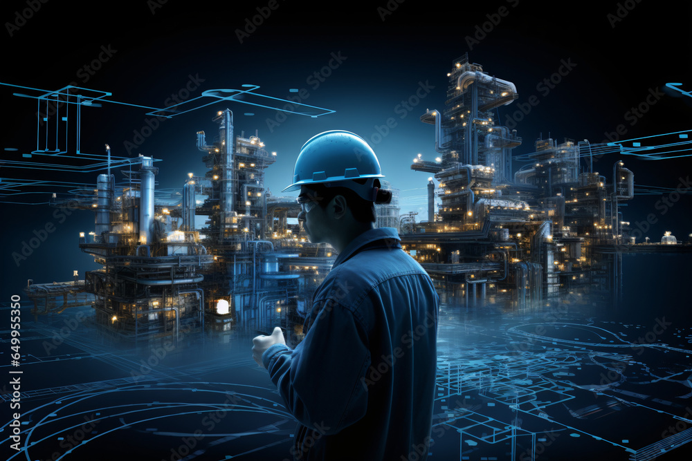Gas station engineer worker looking on to gas platform blueprint with ...