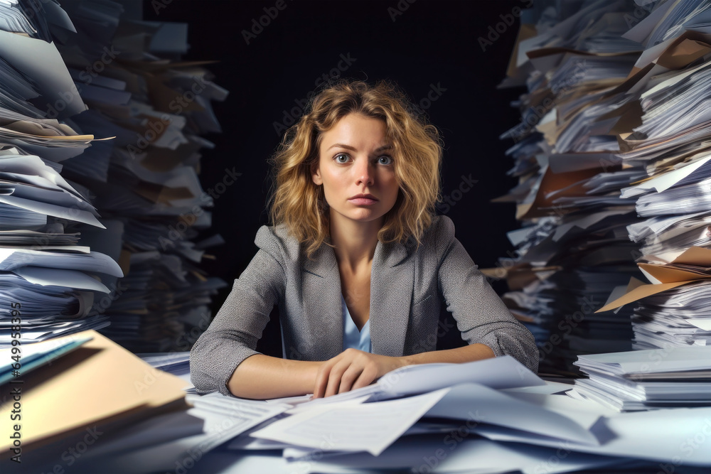 Young woman office employee surrounded by piles and stack of paper at ...