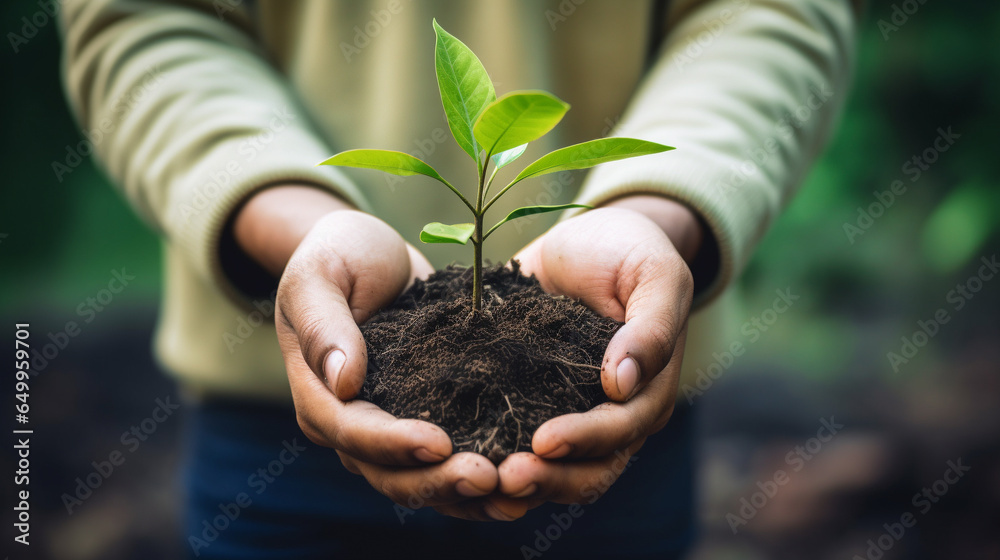 Plant in hands, an ecological concept with a nature background ...