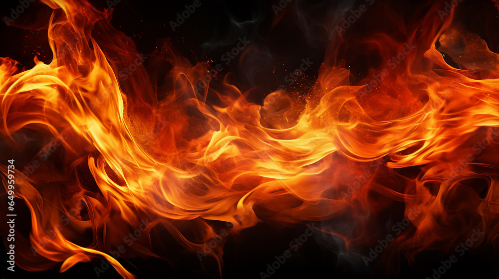 Fiery flames against a black background, creating a dramatic and ...