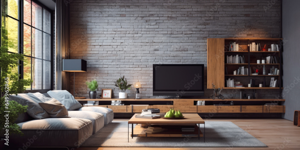 Loft interior design of modern living room, with gray sofa and TV ...