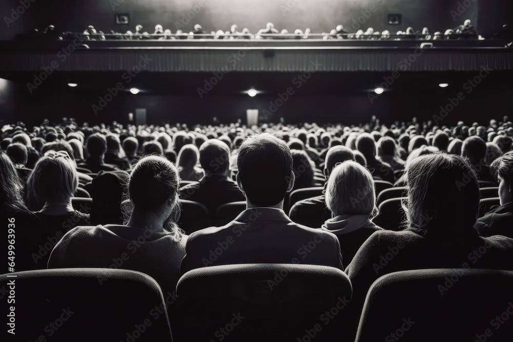 Shot of crowded theater while playing a movie, full capacity of the ...