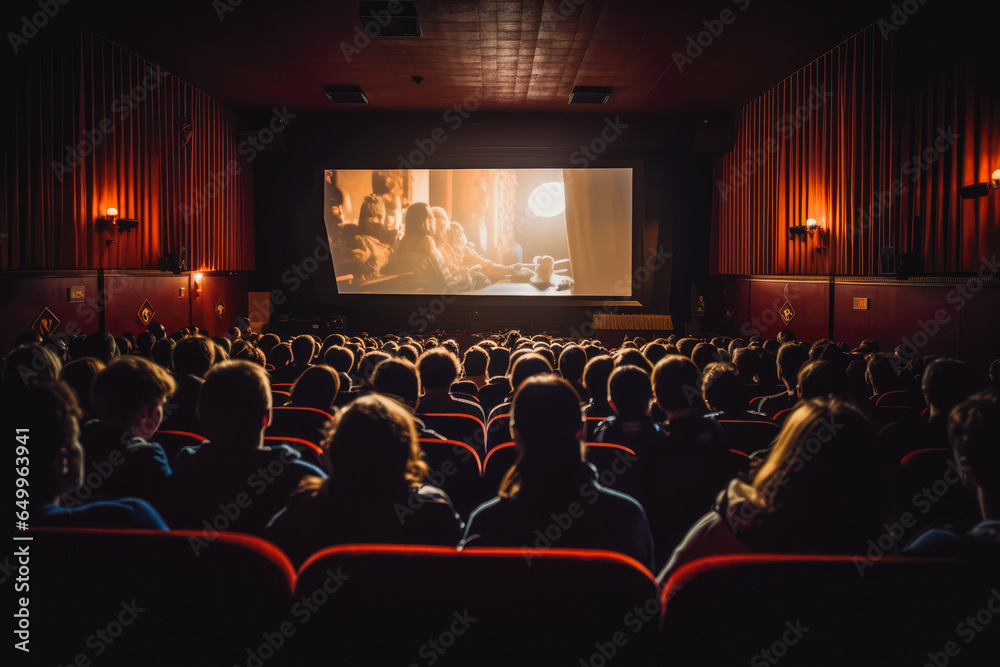 Shot of crowded theater while playing a movie, full capacity of the ...