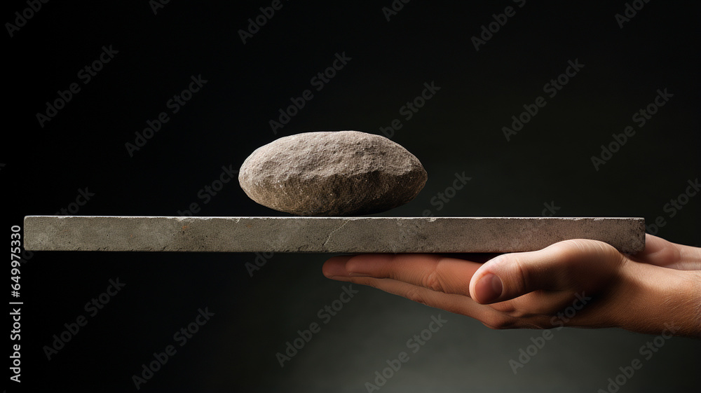 hand holding stone in the shape of a ball on a black background Stock ...