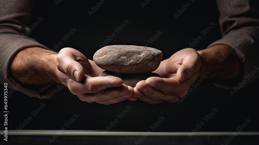 hand holding stone in the shape of a ball on a black background Stock ...