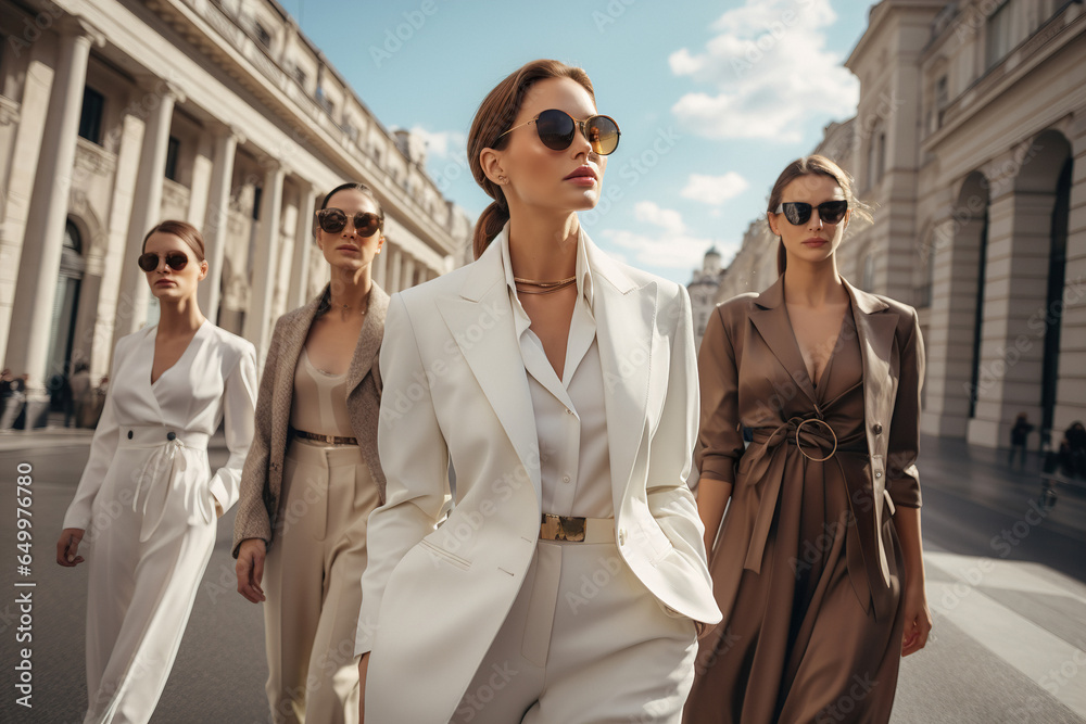 Confident and attractive women, dressed in classic strict clothes, walk ...