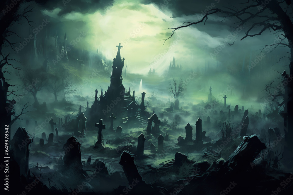 artwork depicting a haunted moonlit graveyard with swirling mist and ...