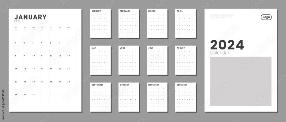Set of Monthly pages Calendar Planner Templates 2024 with Cover. Vector ...