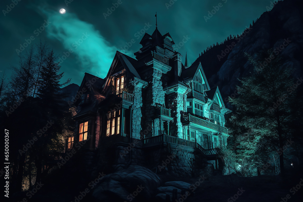 Haunted mansion, mountain, gothic, scary, night time, glow in the ...