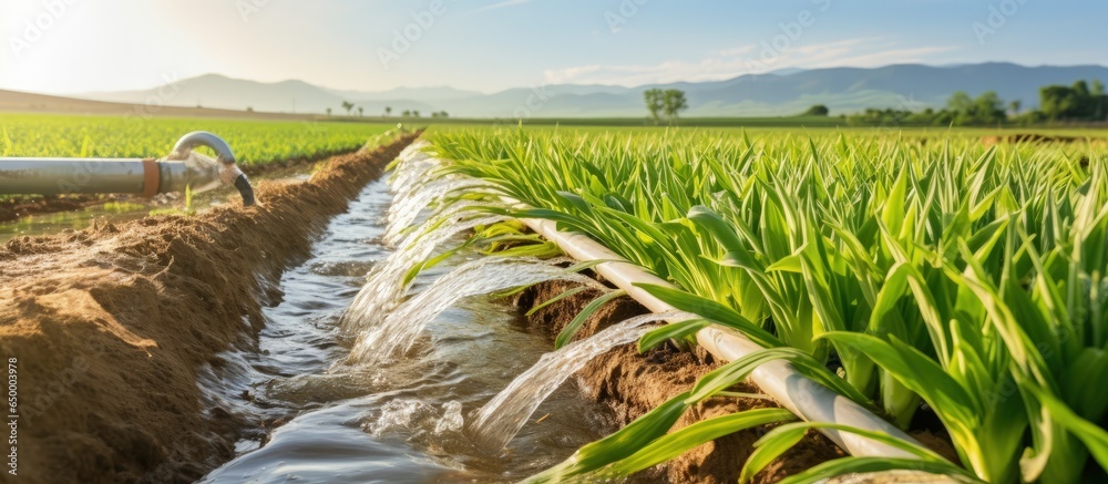 Water on a farm leek onion plantation flows through irrigation canals ...
