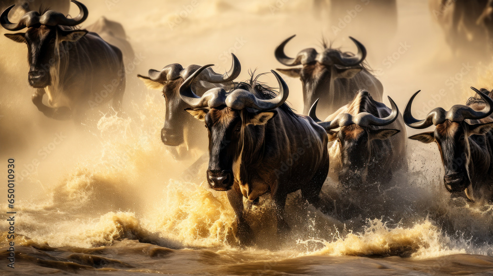 Wildebeest crossing the Mara River during the annual great migration ...