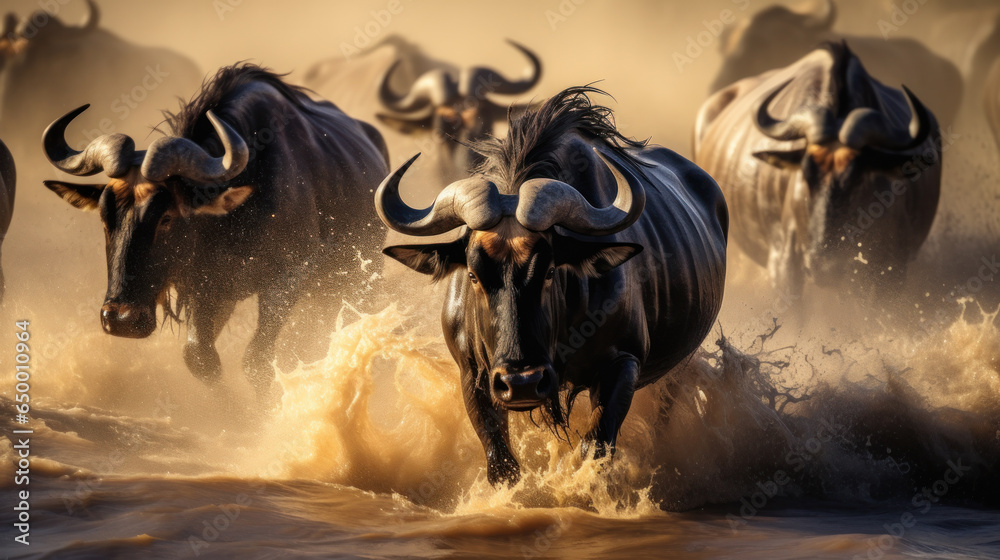 Wildebeest crossing the Mara River during the annual great migration ...