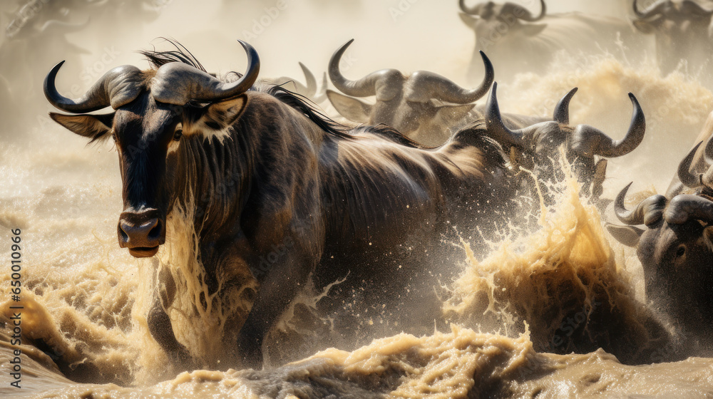 Wildebeest crossing the Mara River during the annual great migration ...