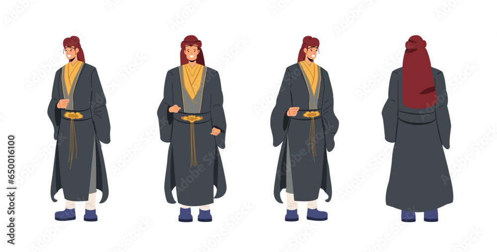 Ancient Chinese men isolated concept. Male character front, back and ...