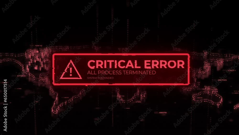 CGI video of critical error message flashing on computer screen with world map image in ...