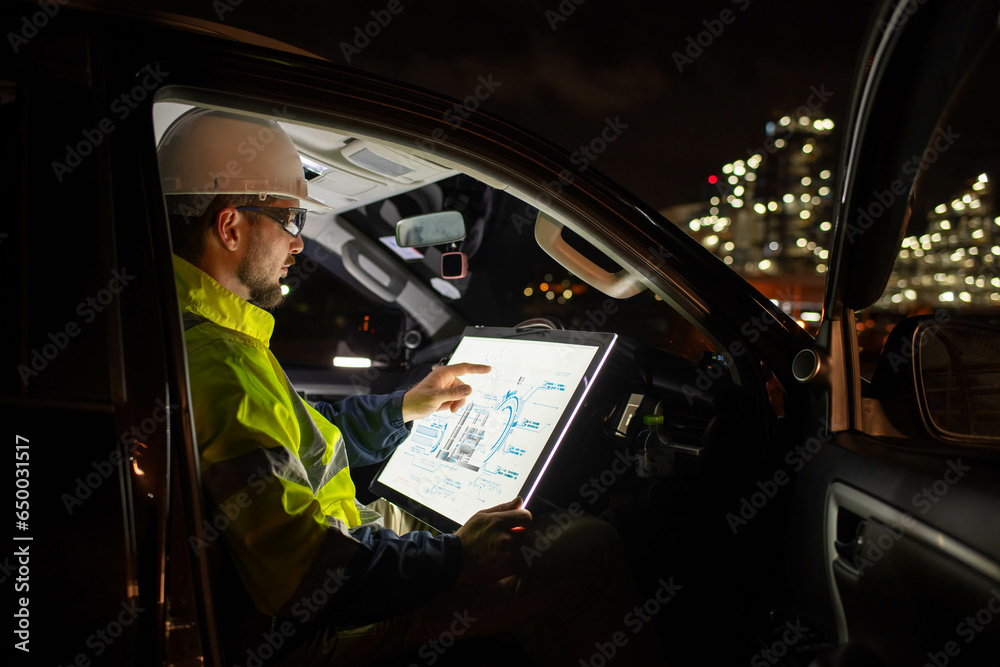 Engineers wear uniform and helmet stayed in car hand holding paper show ...